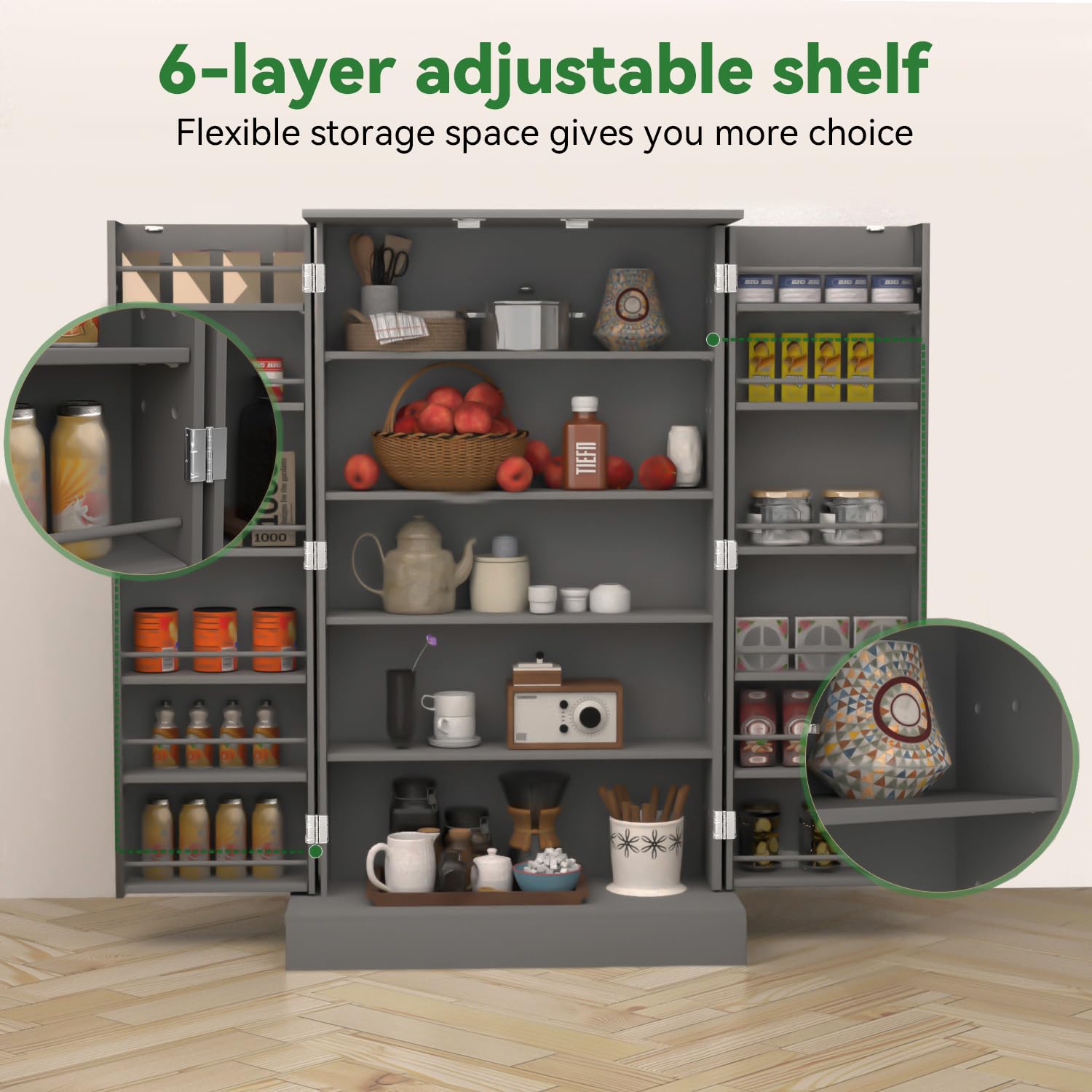 VEKOO 41" Kitchen Pantry Storage Cabinet Food Storage Cabinets with Doors and Adjustable Shelves Freestanding Grey Storage Cabinet for Kitchen, Living Room and Dinning Room