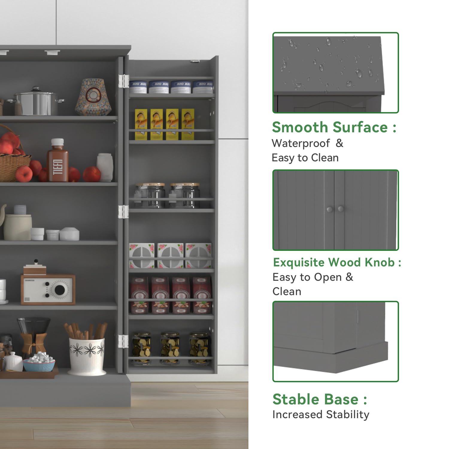VEKOO 41" Kitchen Pantry Storage Cabinet Food Storage Cabinets with Doors and Adjustable Shelves Freestanding Grey Storage Cabinet for Kitchen, Living Room and Dinning Room
