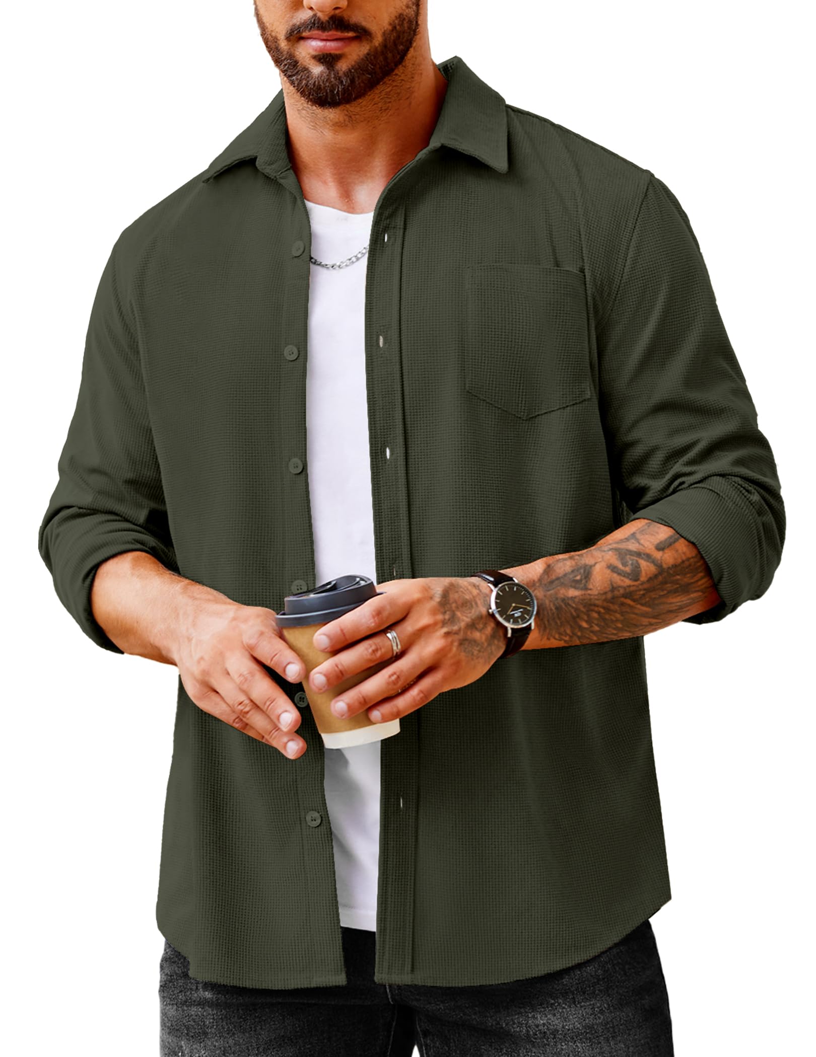 COOFANDY Men's Corduroy Shirt Jacket Slim Fit Button up Work Shirt with Two Flap Pockets Army Green
