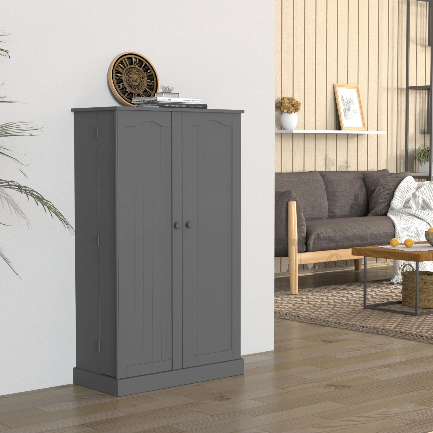 VEKOO 41" Kitchen Pantry Storage Cabinet Food Storage Cabinets with Doors and Adjustable Shelves Freestanding Grey Storage Cabinet for Kitchen, Living Room and Dinning Room