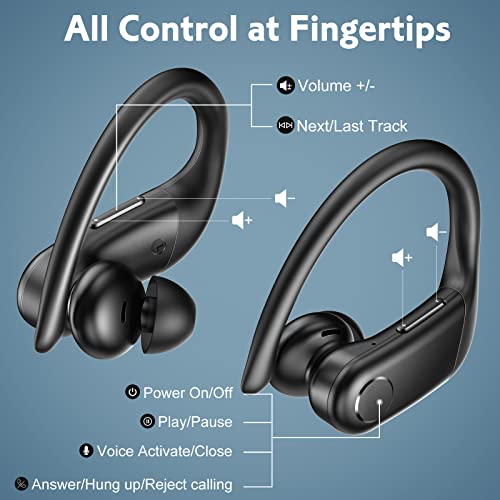 Wireless Headphones, 99H Playtime Wireless Earbuds with Mics and Charging Case for iPhone Android, Waterproof Running Headphones for Gym Yoga Workout, Hi-Fi Sound Over Ear Buds with Earhooks