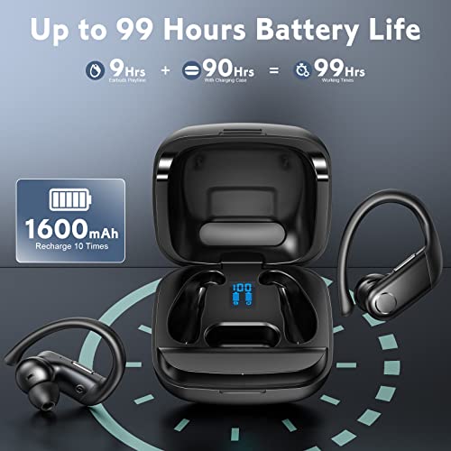 Wireless Headphones, 99H Playtime Wireless Earbuds with Mics and Charging Case for iPhone Android, Waterproof Running Headphones for Gym Yoga Workout, Hi-Fi Sound Over Ear Buds with Earhooks
