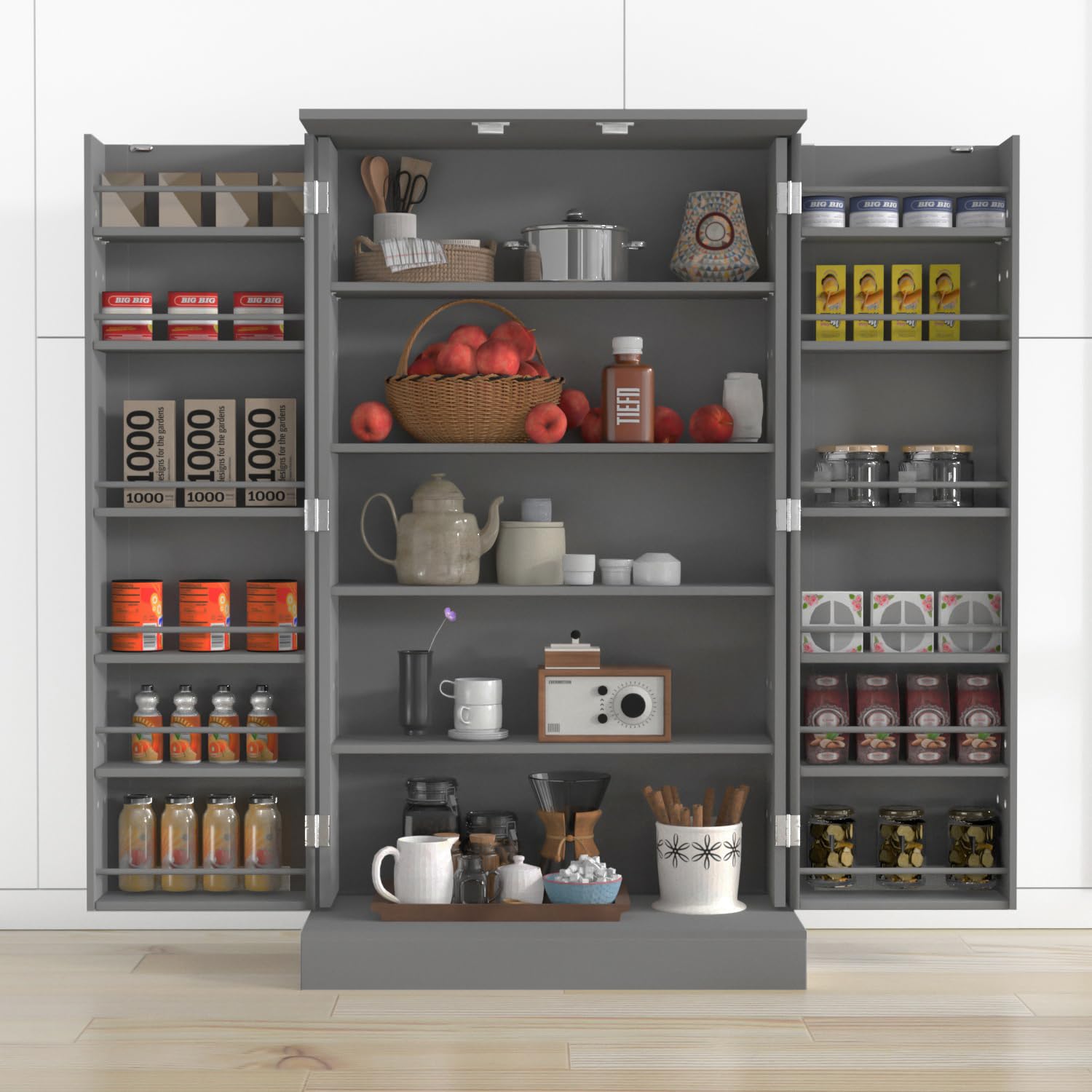 VEKOO 41" Kitchen Pantry Storage Cabinet Food Storage Cabinets with Doors and Adjustable Shelves Freestanding Grey Storage Cabinet for Kitchen, Living Room and Dinning Room