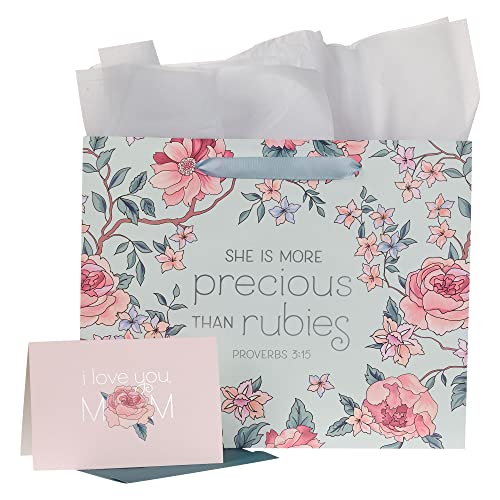 Christian Art Gifts Large Landscape Gift Bag for Moms w/Greeting Card & Tissue Paper Set: More Precious Than Rubies - Prov. 3:15 Inspirational Bible Verse for Mother's Day, Birthdays, Blue/Pink, Large