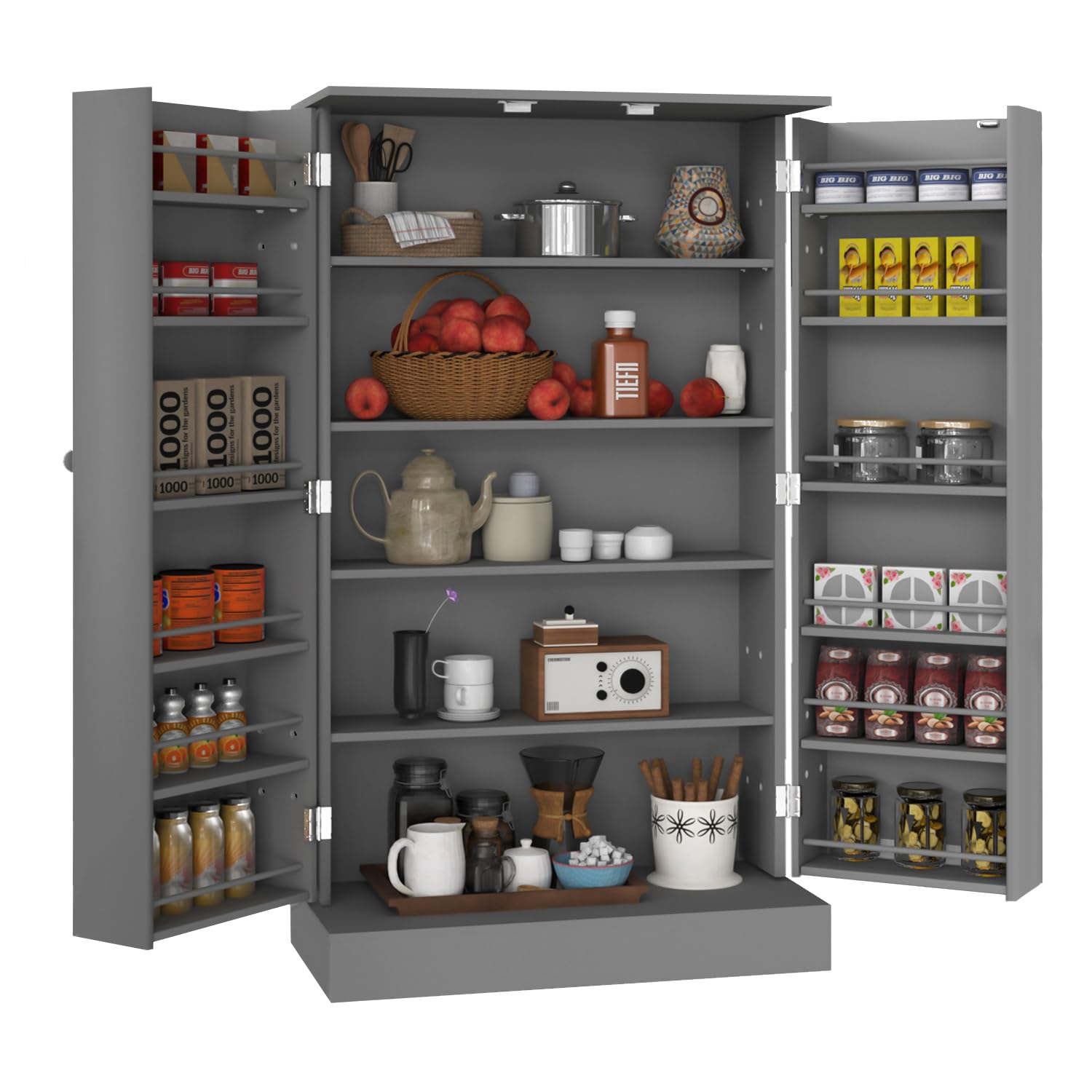 VEKOO 41" Kitchen Pantry Storage Cabinet Food Storage Cabinets with Doors and Adjustable Shelves Freestanding Grey Storage Cabinet for Kitchen, Living Room and Dinning Room