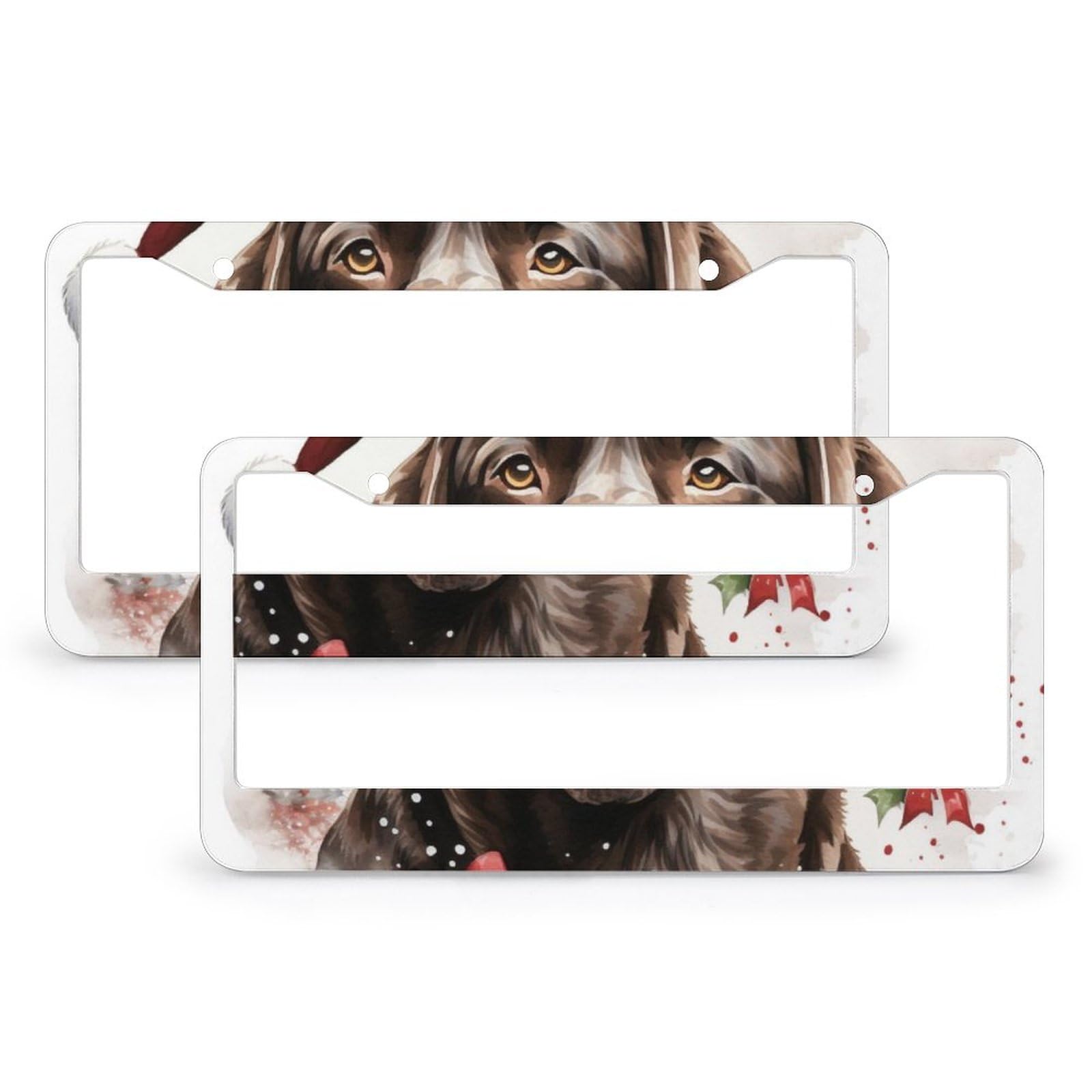 Chocolate Labrador Santa Hat Christmas License Plate Cover 2 Pack Xmas Lovely Dogs Car Accessories for US Standard Vehicles for Women Men 2 Round Holes Aluminum License Plate Frames