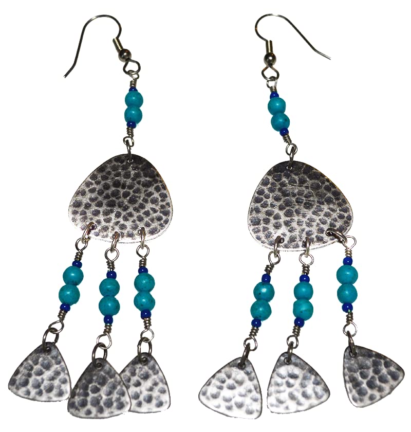 Santa Fe Antique Silver Plated Brass Triple Dangle Triangle Earrings - Turquoise