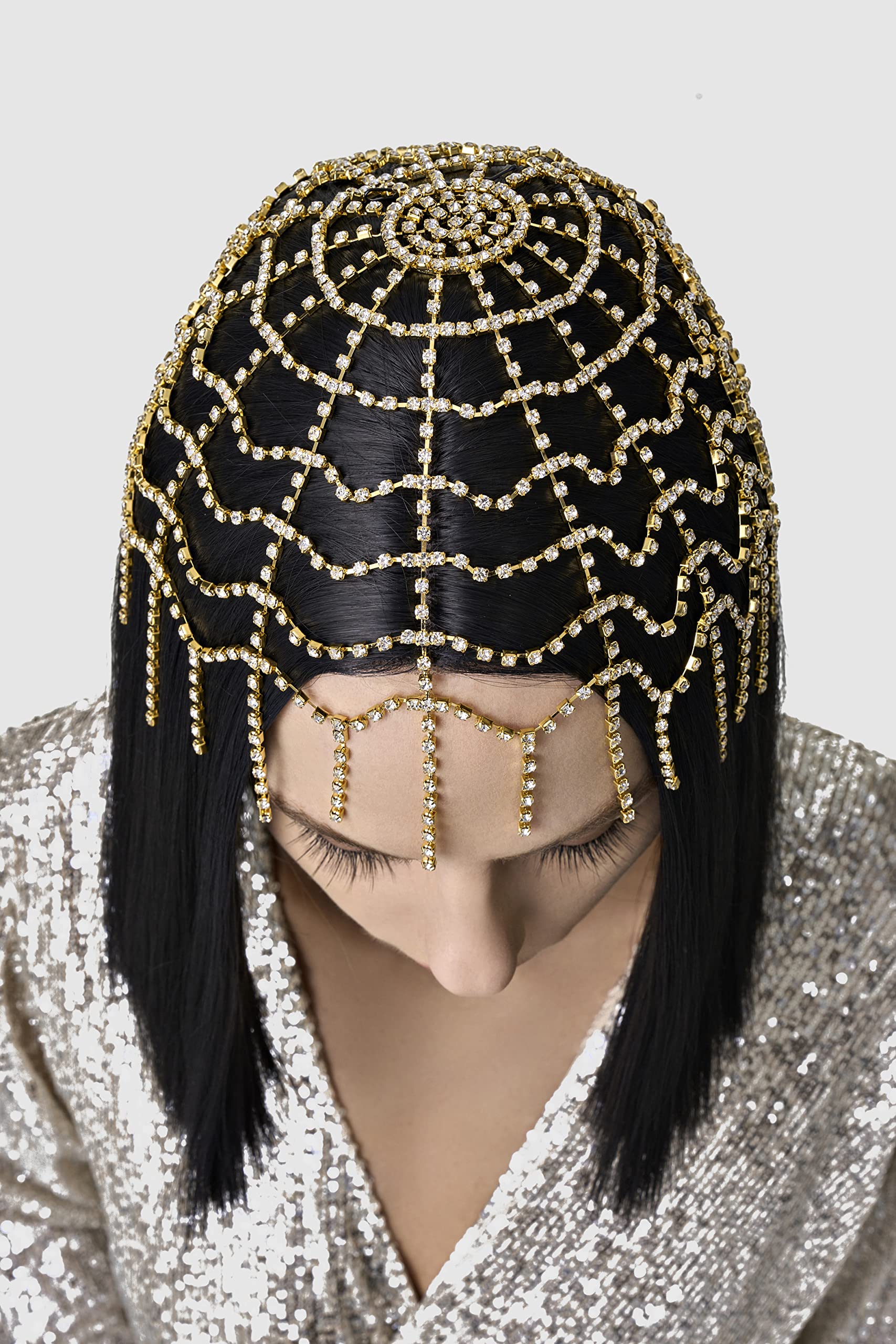BABEYOND Vintage Style Roaring 20s Crystal Rhinestone Flapper Cap Headpiece Head Jewelry Chains (A-Gold)