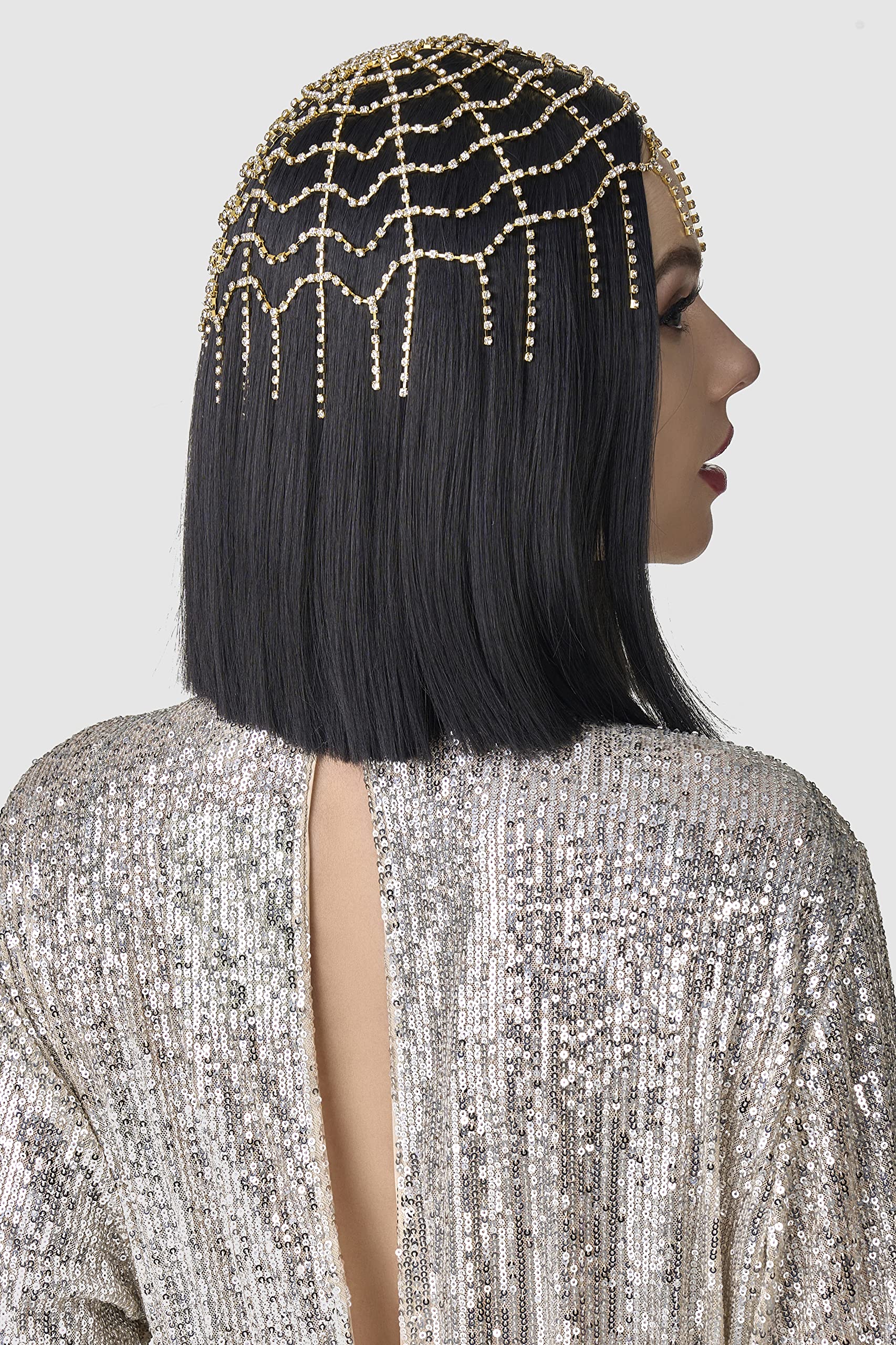 BABEYOND Vintage Style Roaring 20s Crystal Rhinestone Flapper Cap Headpiece Head Jewelry Chains (A-Gold)
