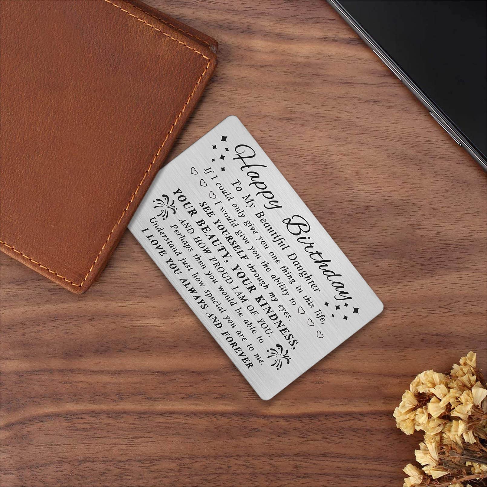DEGASKEN Sweet Daughter Birthday Card - Birthday Decorations for Girls - Personalized Steel Engraved Wallet Card