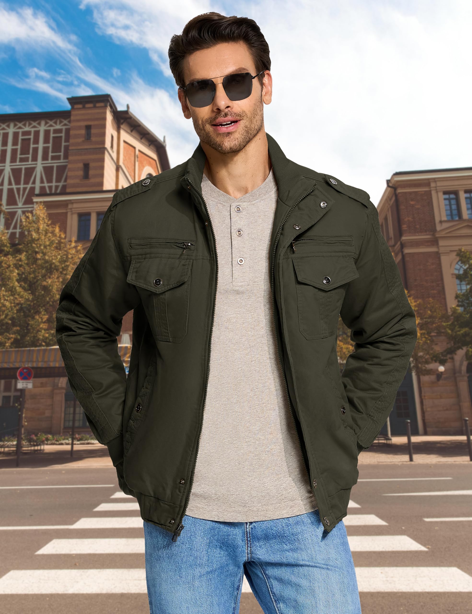 CRYSULLY Men's Cotton Jacket Winter Military Coats Fleece Lined Thick Work Coats Warm Cargo Jackets Army Green M