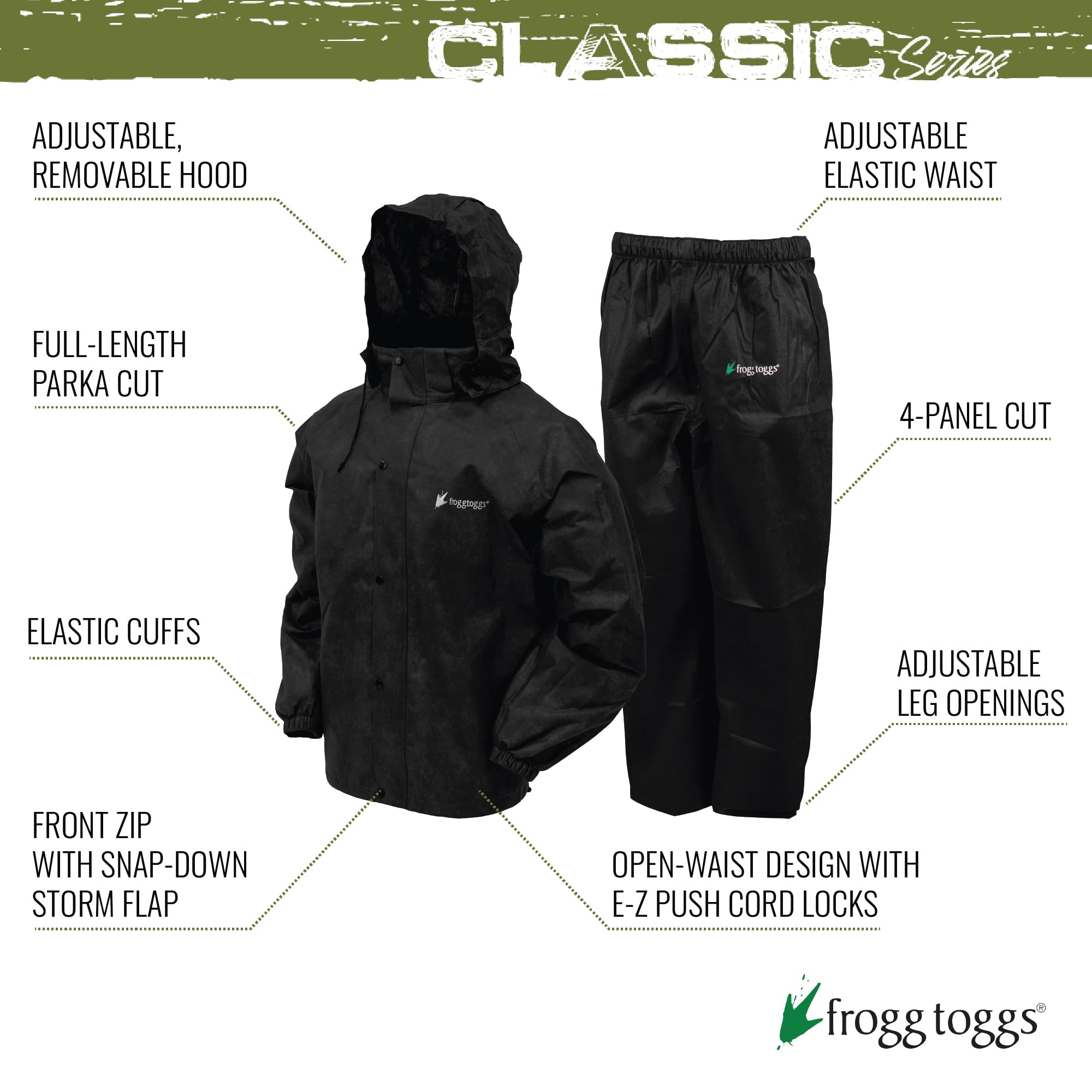 FROGG TOGGS Men's Standard Classic All-Sport Waterproof Breathable Rain Suit, Black/Black, Large