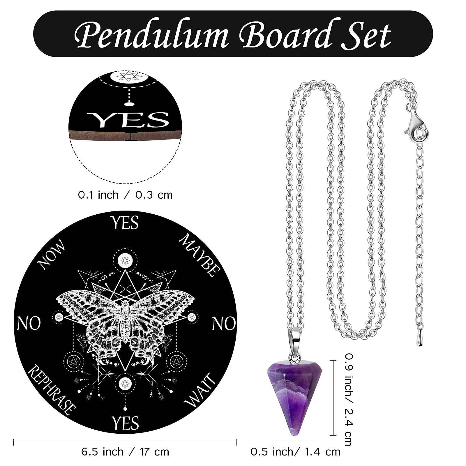 Blulu Butterfly Pendulum Board Dowsing Necklace Divination Altar Witchcraft Wooden Kit Chart Wiccan Wand Crystal Divinity Metaphysical Message Quartz Chakra Healing Stone(Black)