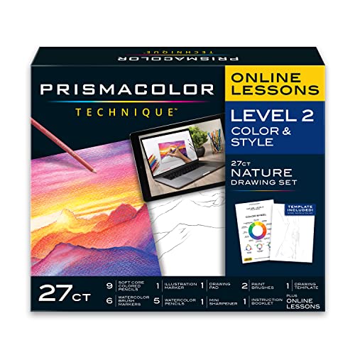 Prismacolor Technique, Art Supplies and Digital Art Lessons, Nature Drawing Set, Level 2, Watercolor Pencils, Brush Markers, and More, Sunset Landscape Drawing, 27 Count