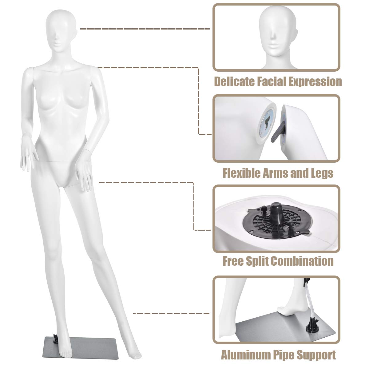 Giantex Female Mannequin Dress Form Display Manikin Torso Stand Realistic Metal Stand Plastic Detachable Clothing Full Body Mannequin W/Base White 5.8 FT, White