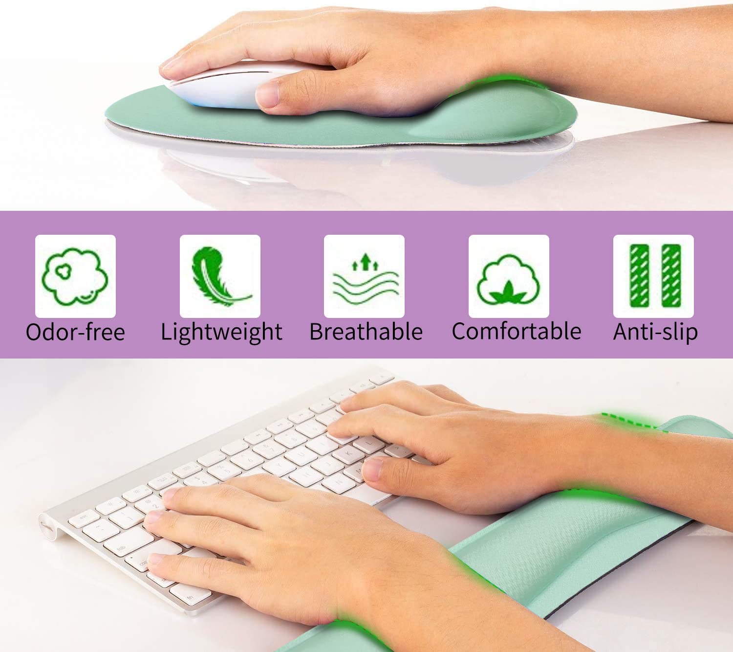 AORTDES Ergonomic Keyboard Mouse Pad Wrist Support Set - Anti-Slip Keyboard Mice Mat Wrist Rest for Laptop/Computer Gaming/Office - Comfortable for Easy Typing & Pain Relief(KWRP-Green)
