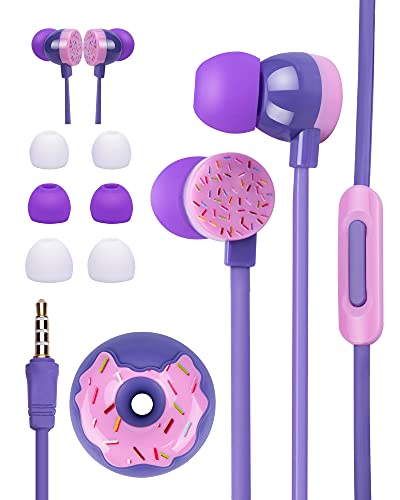 OHEDMEH Wired Earbuds for Kids in-Ear Headphones, Cute Donut Kids Earphones for School, Flat Cable Cute Earbud with Microphone and Lovely Kids Ear Buds Storage Case for Girls Boys and Adults (Purple)