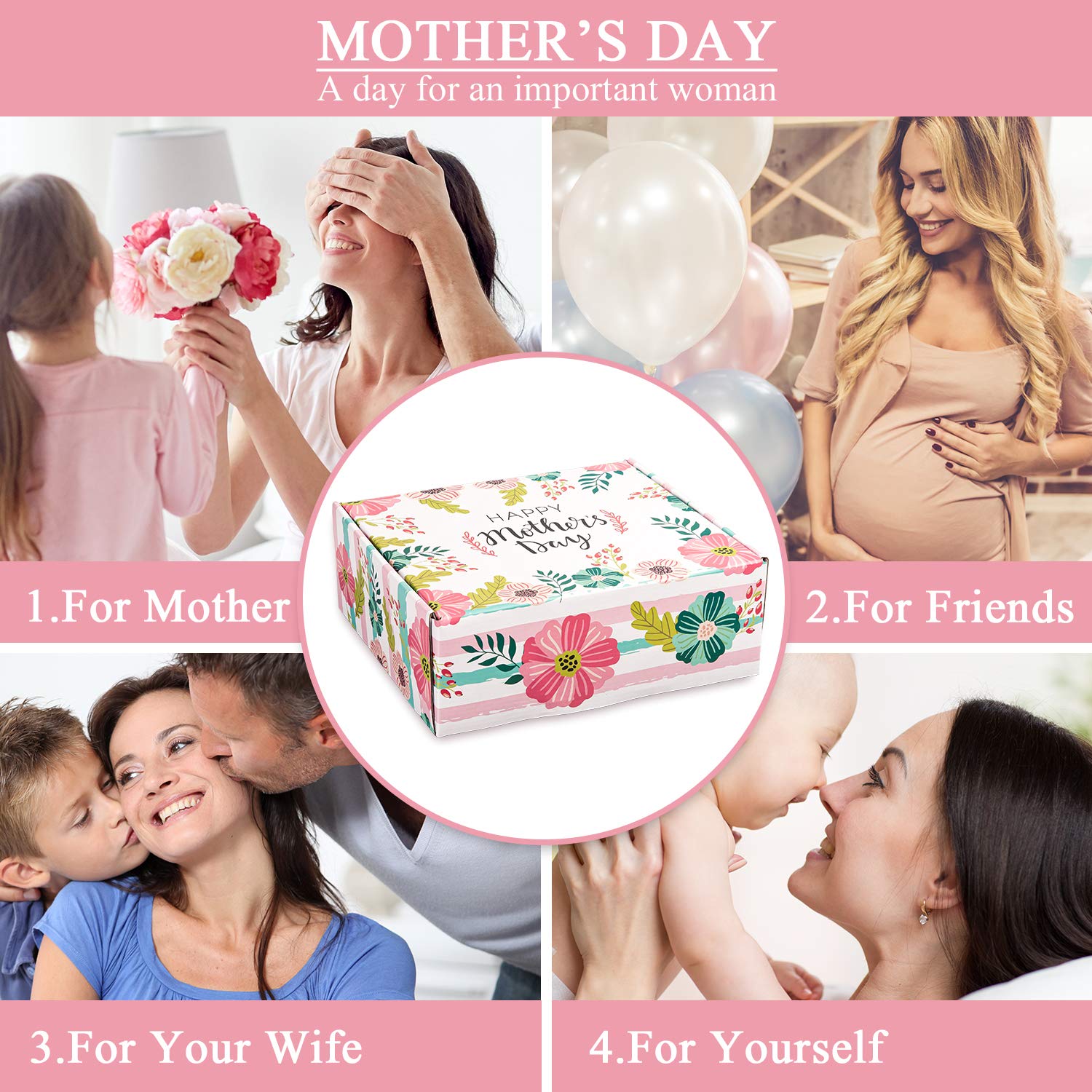 Whaline Gift Box for Mom 10pcs Mother's Day Gift Set Including Necklace Earrings Jewelry Box Socks Vacuum Flask Eye Mask Earplug Greeting Card Dried Flower Bundle for Mom's Day Birthday Present