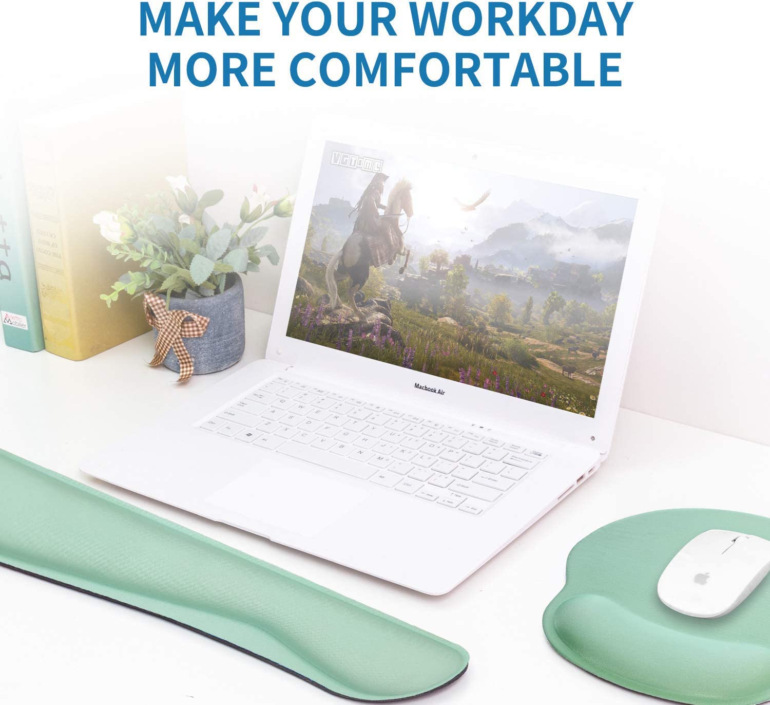 AORTDES Ergonomic Keyboard Mouse Pad Wrist Support Set - Anti-Slip Keyboard Mice Mat Wrist Rest for Laptop/Computer Gaming/Office - Comfortable for Easy Typing & Pain Relief(KWRP-Green)