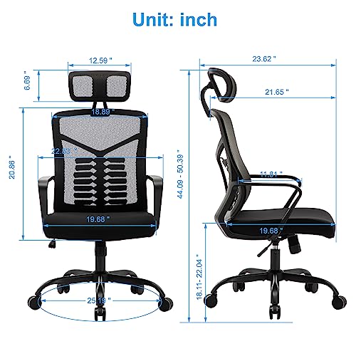 EnjoySeating Office Chair, Adjustable Desk Chair, Rebound Seat Cushion, 2D Big Curved Headrest, Breathable Mesh High Back, Comfortable Lumbar Support, Rocking Relaxation Function, Black