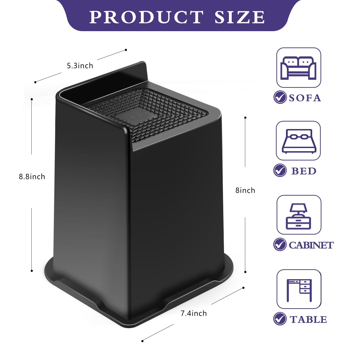 Sunifier Bed Risers 8 inch Heavy Duty, 4 Pack L Shape Furniture Risers 8 inch Support 5000LBs, Table Couch Risers, Oversized Lifts Risers for Dorm Beds Frame, Sofa, Chairs Legs (Black 4-Pack,8 inch)