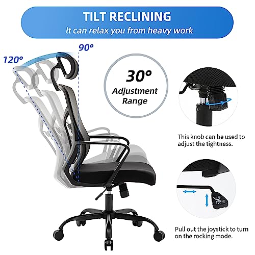 EnjoySeating Office Chair, Adjustable Desk Chair, Rebound Seat Cushion, 2D Big Curved Headrest, Breathable Mesh High Back, Comfortable Lumbar Support, Rocking Relaxation Function, Black