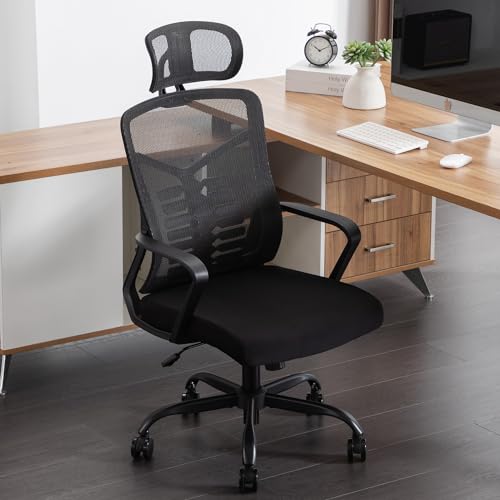 EnjoySeating Office Chair, Adjustable Desk Chair, Rebound Seat Cushion, 2D Big Curved Headrest, Breathable Mesh High Back, Comfortable Lumbar Support, Rocking Relaxation Function, Black