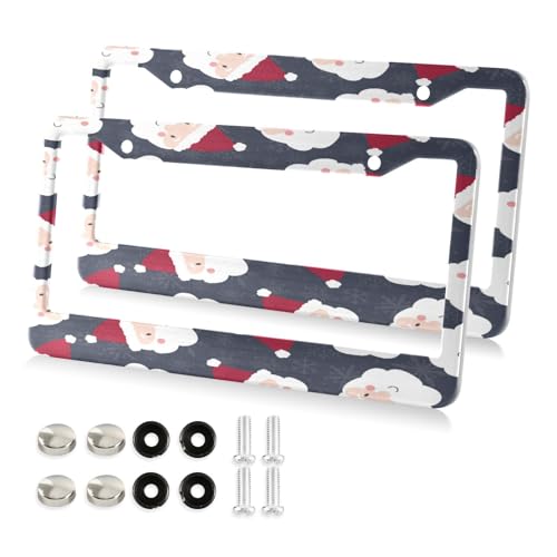 YETTASBIN Christmas Santa Claus License Plate Frames, Decorative License Plate Covers, 2 Packs Universal Aluminum Tag Frame with 2 Holes & Screw Caps for Front and Rear Car Tags, Round Hole