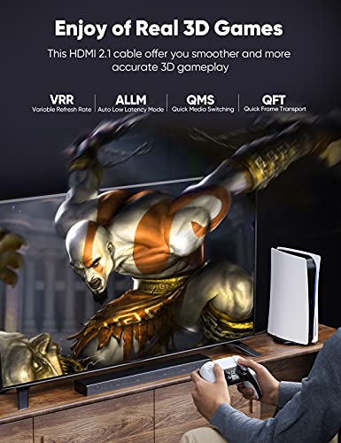 Snowkids 8K HDMI Cable 2.1 10FT/3M 48Gbps, 48Gbps High Speed 3D 8K60 4K120 144Hz Braided HDMI Cord eARC HDR10 HDCP 2.2&2.3 Compatible with Roku TV/PS5/HDTV/Blu-ray Black