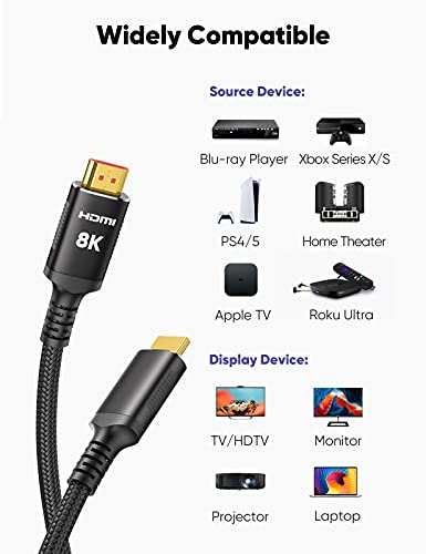 Snowkids 8K HDMI Cable 2.1 10FT/3M 48Gbps, 48Gbps High Speed 3D 8K60 4K120 144Hz Braided HDMI Cord eARC HDR10 HDCP 2.2&2.3 Compatible with Roku TV/PS5/HDTV/Blu-ray Black