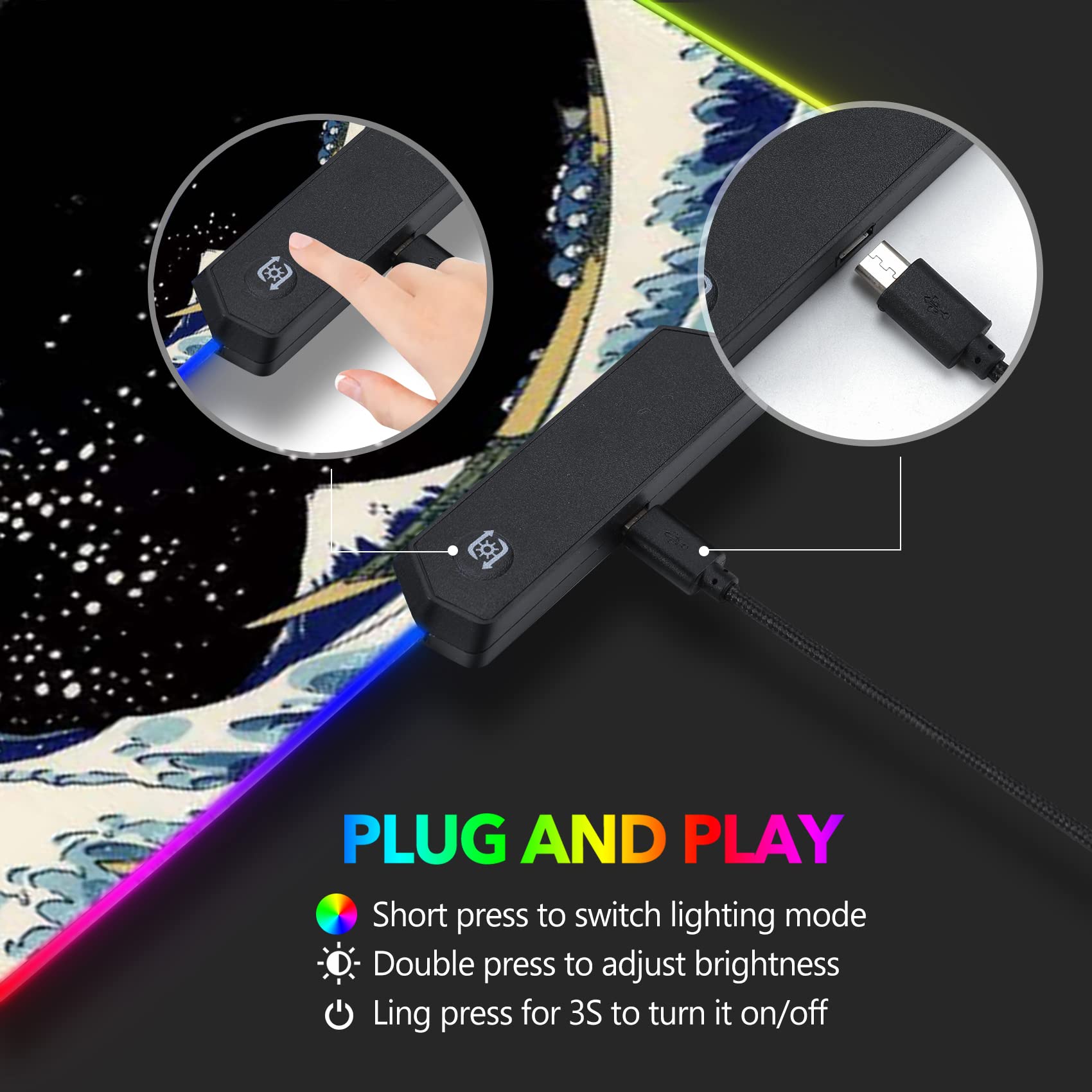 RGB Gaming Mouse Pad Large, AIMSA Keyboard Led Mousepad Extended 35.4 x 15.8 inch Non-Slip Rubber Base with 14 Lighting Modes, Big Desk Mat Waterproof, Big Waves
