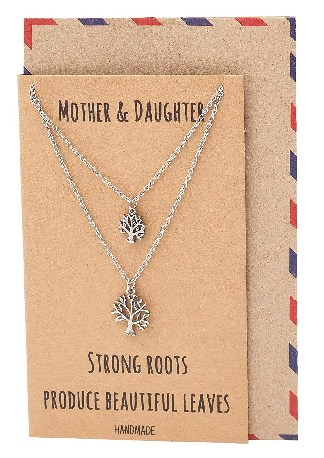 quan jewelry Tree of Life Pendant Mom and Me Jewelry, Necklace Set for 2, Birthday and Christmas Presents for Mother and Daughters, with Inspiration Quote on Greeting Card
