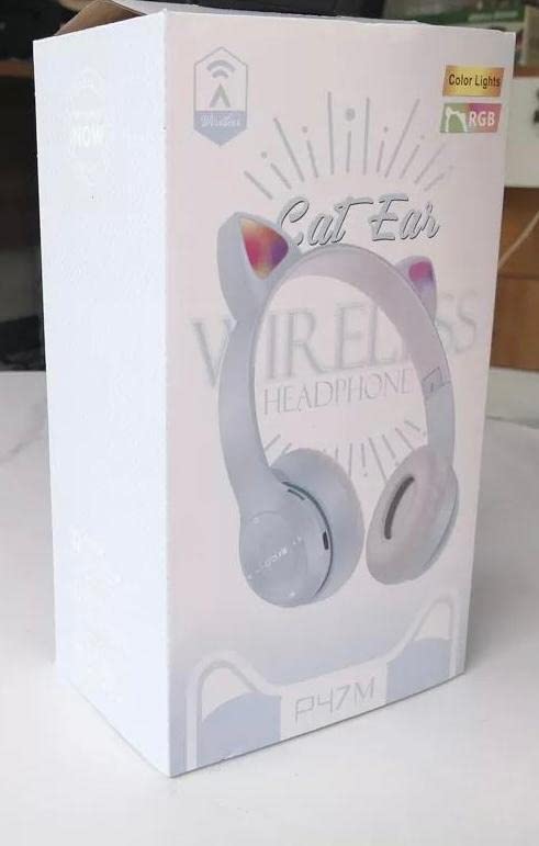 Cat Ear Wireless Headphones with Led Light, Cute Design Bluetooth Headset with Mic (Blue)
