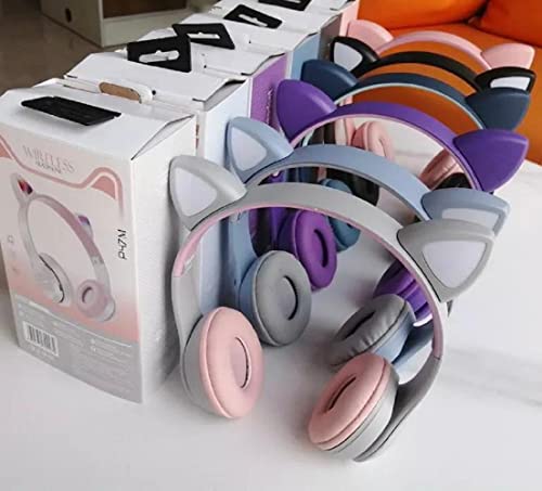 Cat Ear Wireless Headphones with Led Light, Cute Design Bluetooth Headset with Mic (Blue)