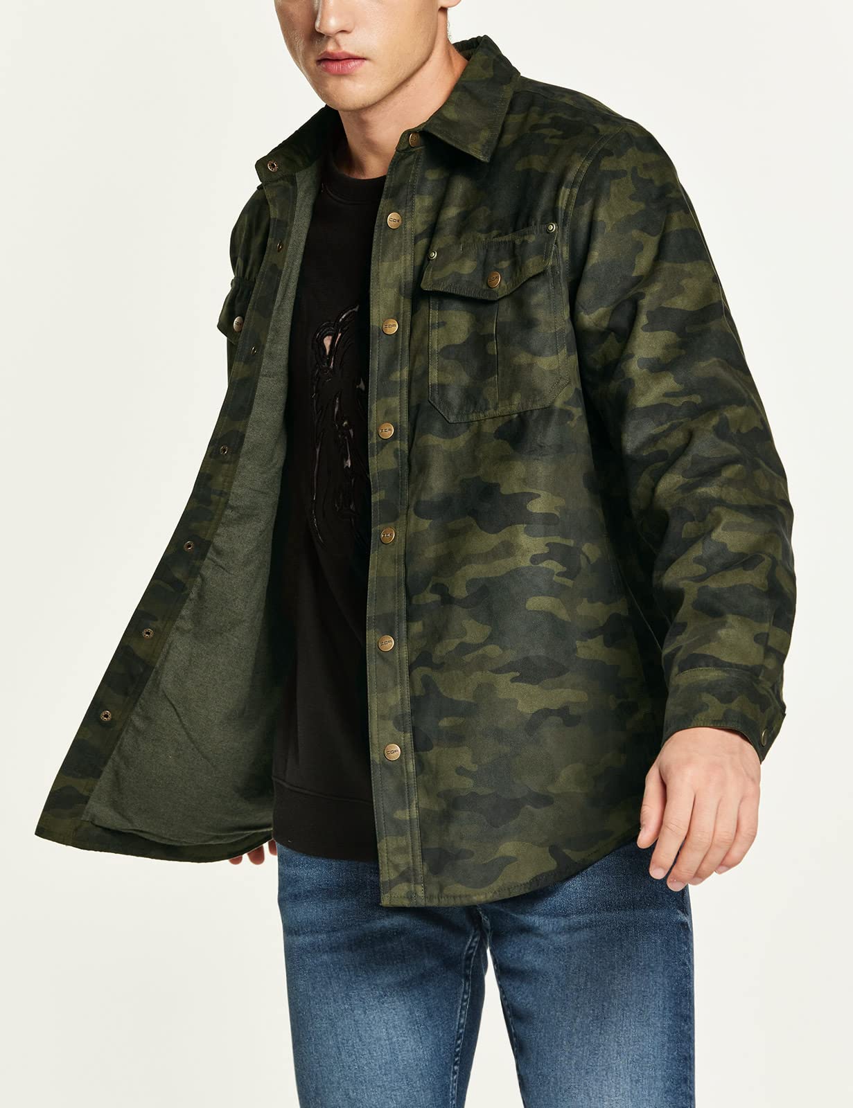 CQR Men's Flannel Lined Shirt Jackets, Long Sleeved Rugged Plaid Cotton Brushed Suede Shirt Jacket, Flannel Print Lined Camo Olive, X-Small