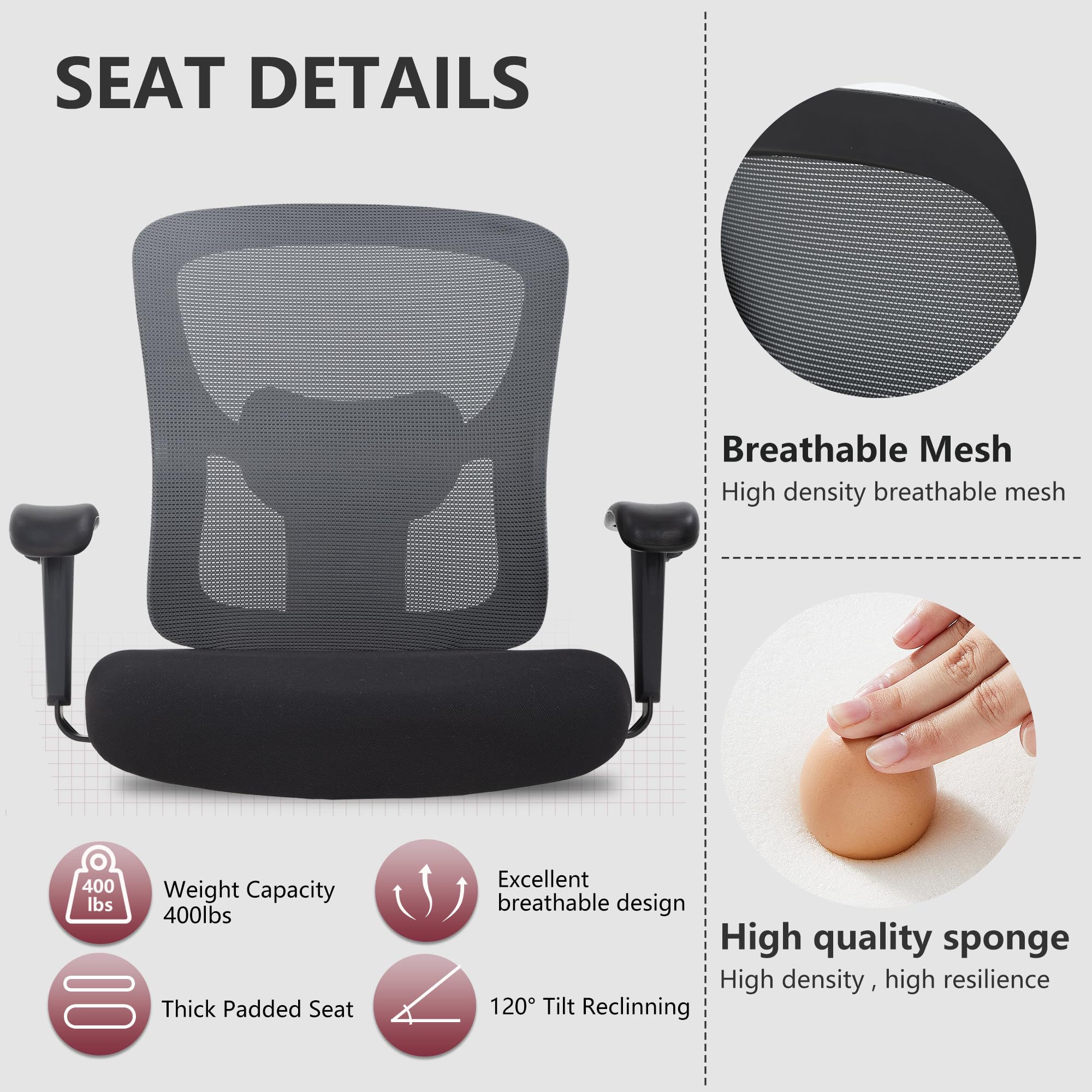 Big and Tall Office Chair 400lbs Desk Chair Mesh Computer Chair with Lumbar Support Wide Seat Adjust Arms Rolling Swivel High Back Task Executive Ergonomic Chair for Home Office (Grey)
