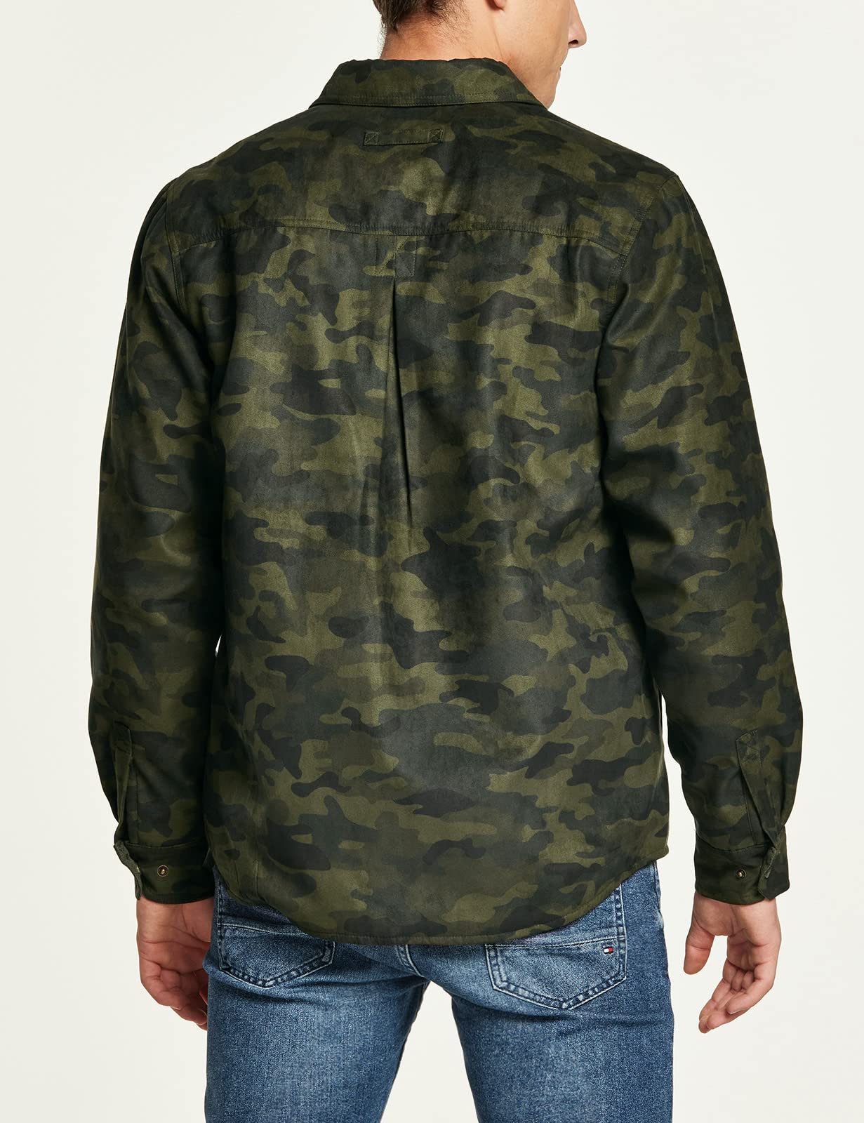 CQR Men's Flannel Lined Shirt Jackets, Long Sleeved Rugged Plaid Cotton Brushed Suede Shirt Jacket, Flannel Print Lined Camo Olive, X-Small