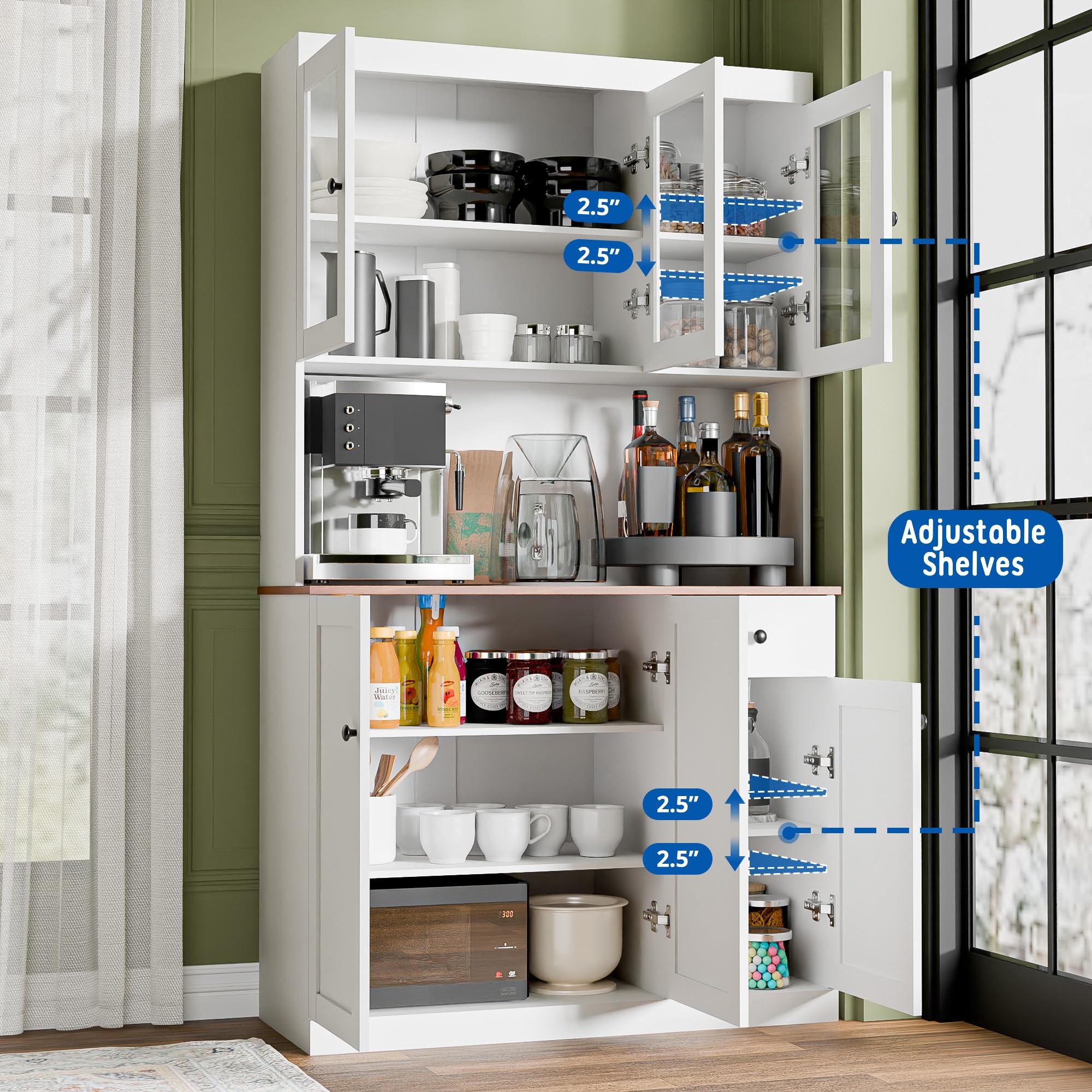Cozy Castle Tall Kitchen Pantry Cabinet with Microwave Shelf, Modern Large Freestanding Sideboard Cupboard Kitchen Hutch Cabinet with Storage Countertop and Drawer for Dining Room, Living Room, White