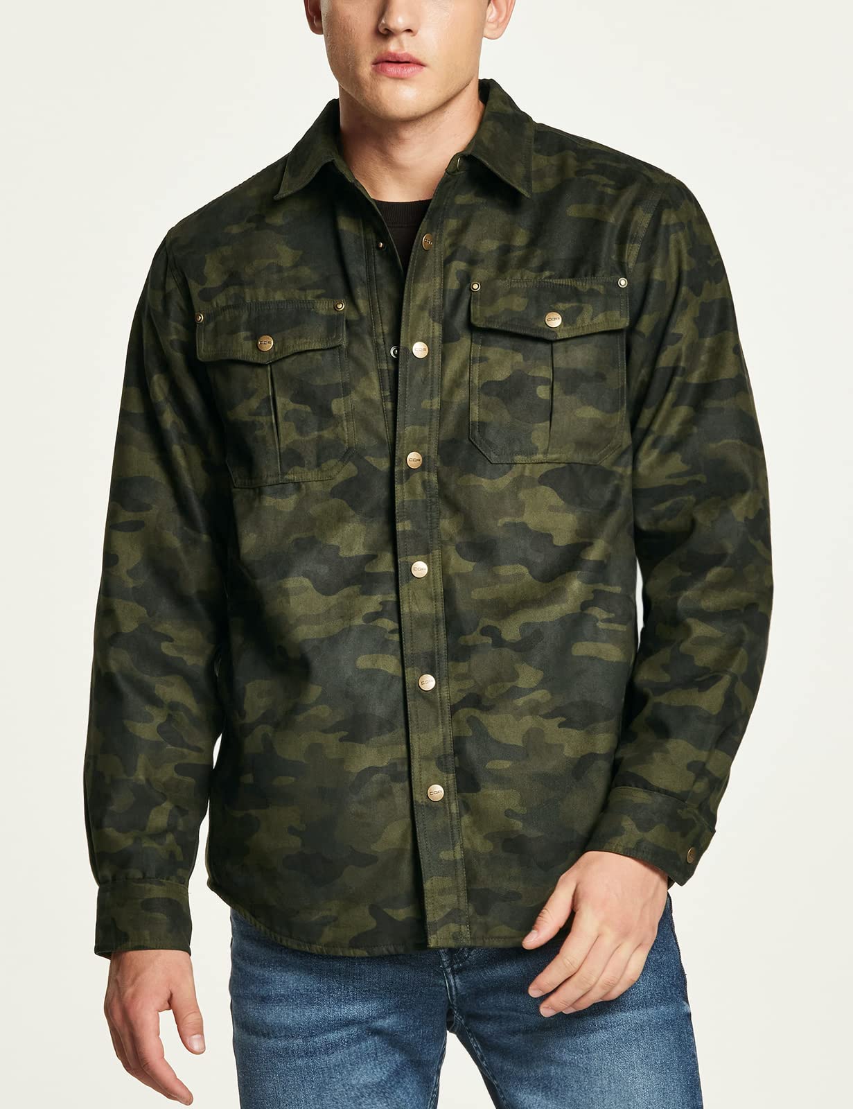 CQR Men's Flannel Lined Shirt Jackets, Long Sleeved Rugged Plaid Cotton Brushed Suede Shirt Jacket, Flannel Print Lined Camo Olive, X-Small