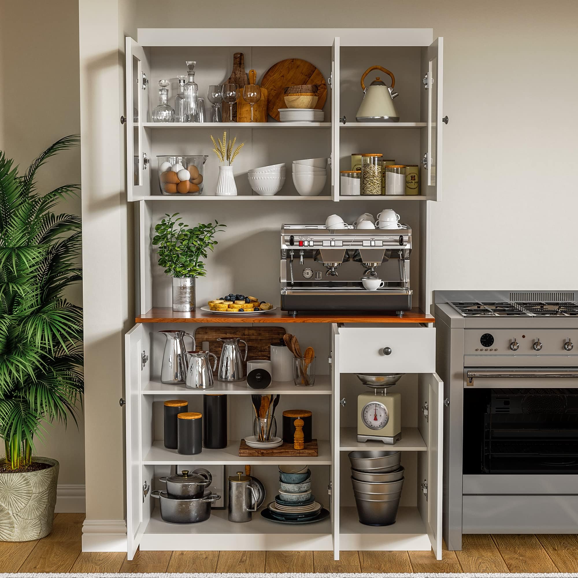 Cozy Castle Tall Kitchen Pantry Cabinet with Microwave Shelf, Modern Large Freestanding Sideboard Cupboard Kitchen Hutch Cabinet with Storage Countertop and Drawer for Dining Room, Living Room, White