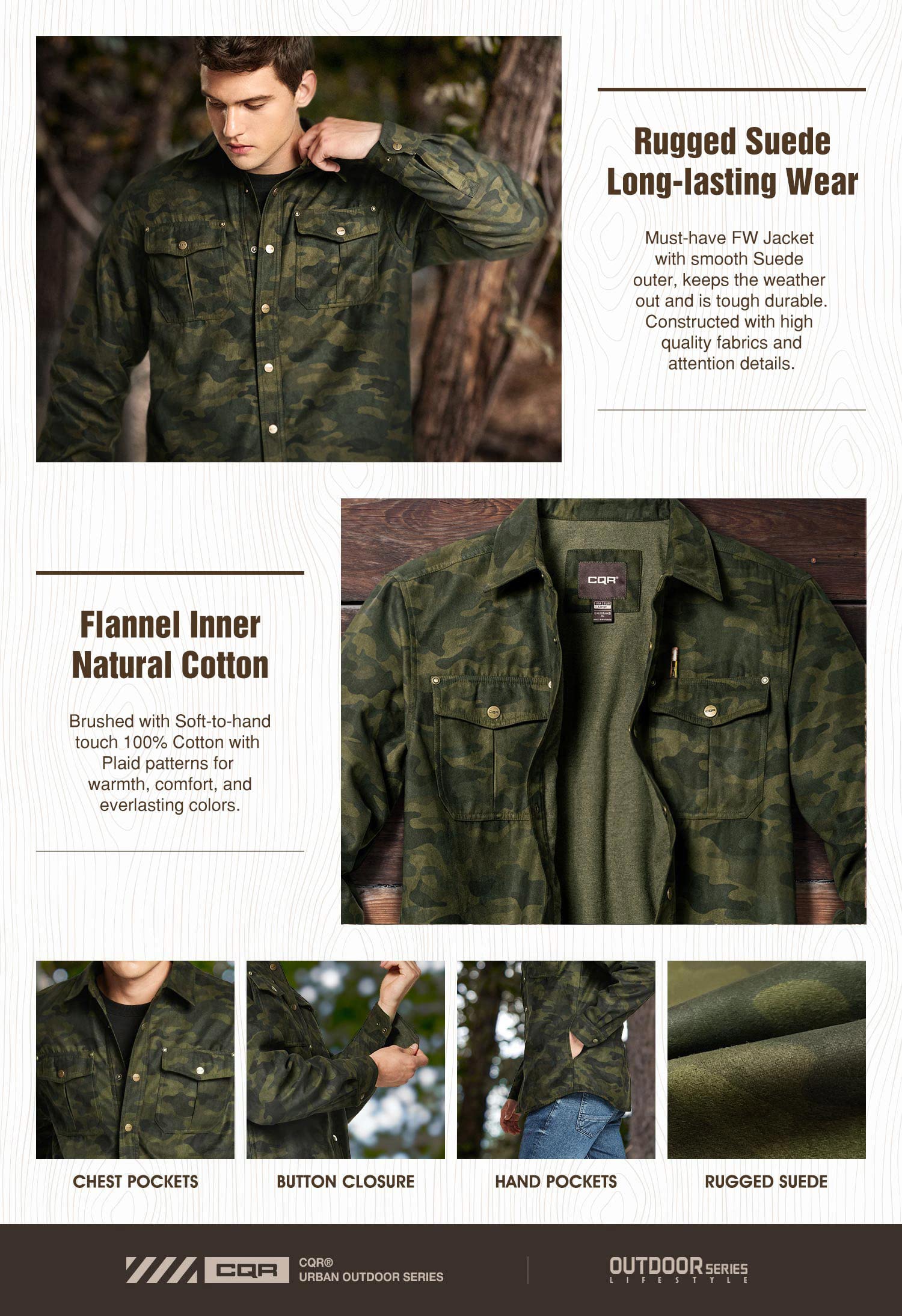 CQR Men's Flannel Lined Shirt Jackets, Long Sleeved Rugged Plaid Cotton Brushed Suede Shirt Jacket, Flannel Print Lined Camo Olive, X-Small