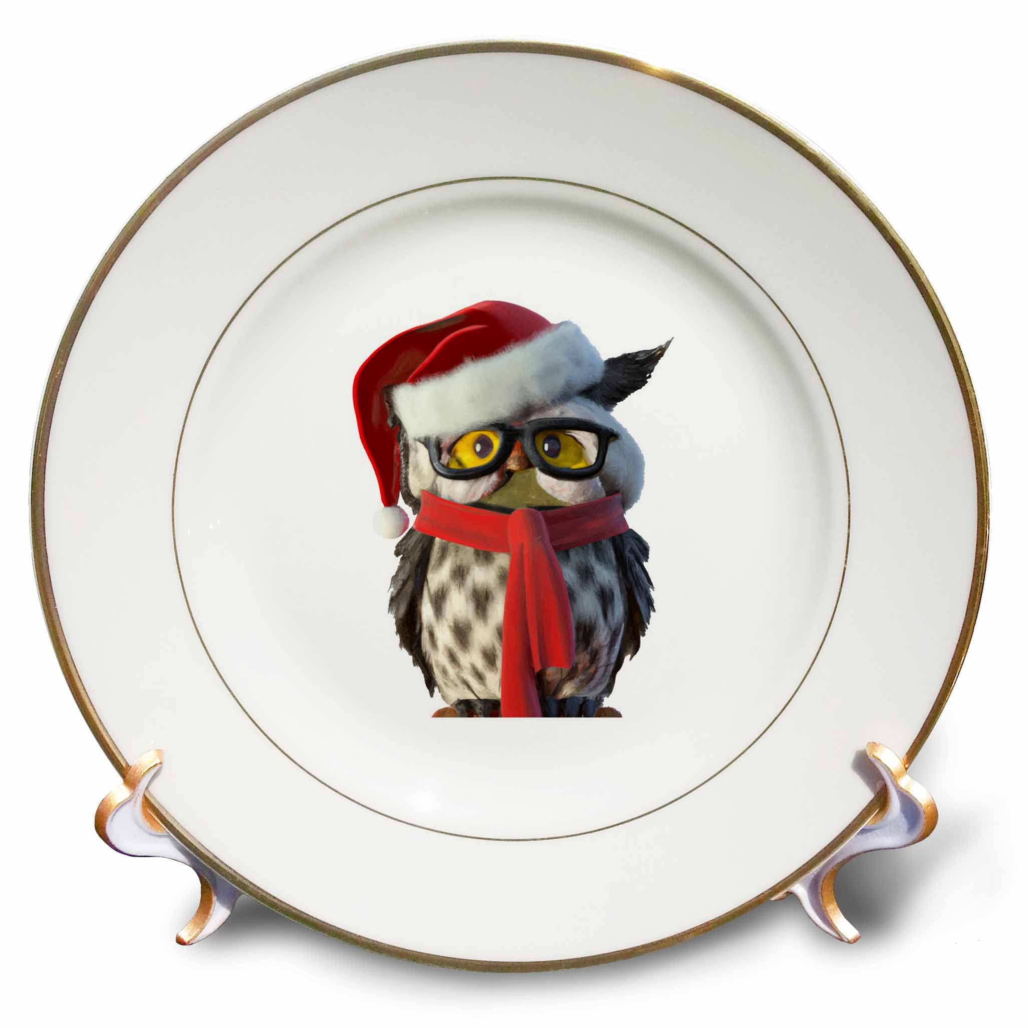 3dRose 8 inch Porcelain Plate - Christmas Owl Wearing Santa Costume and Red Scarf Vector Vector Art - Festive Christmas Owl