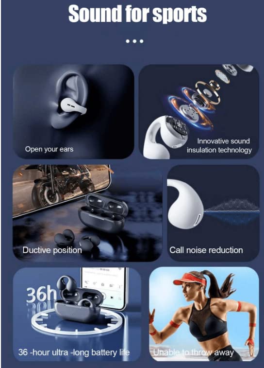Pousbo Wireless Ear Clip Bone Conduction Headphones Bluetooth, 2023 New Mini Open Ear Headphones Wireless Bluetooth, Waterproof Sport Running Earring Earphone (New Black)