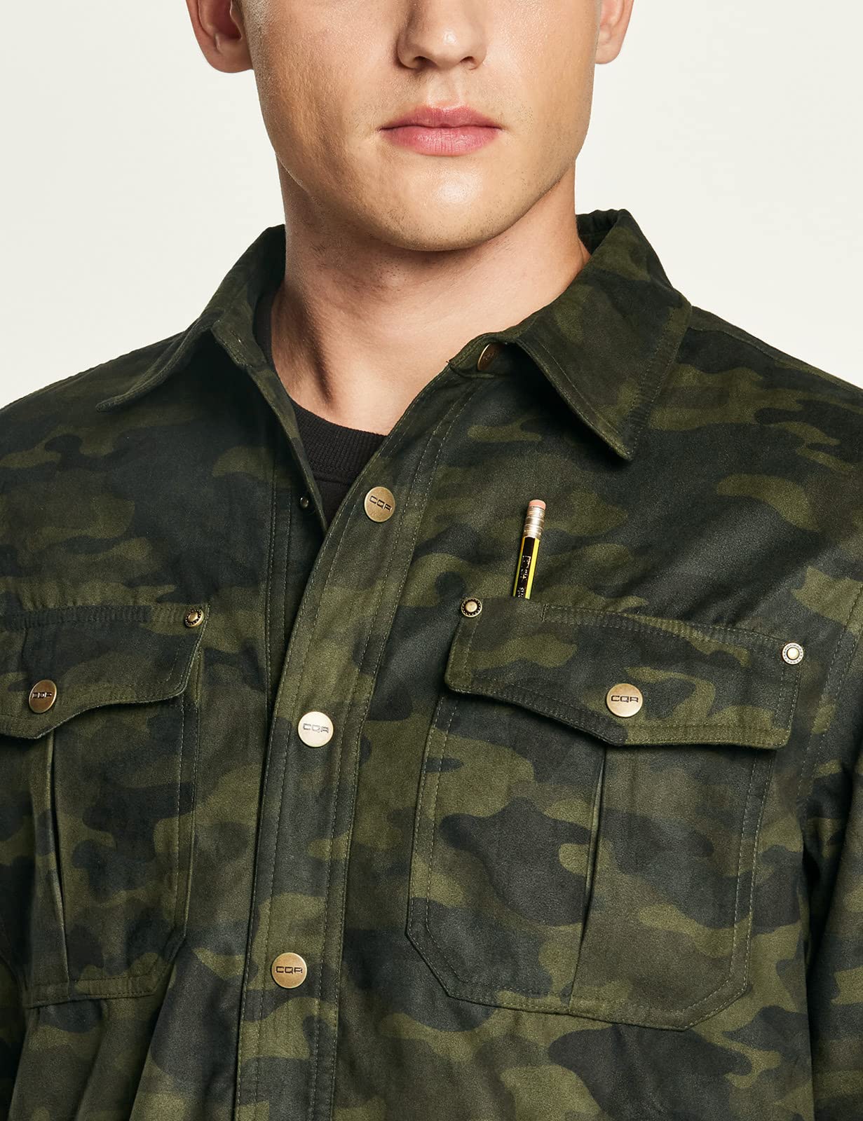CQR Men's Flannel Lined Shirt Jackets, Long Sleeved Rugged Plaid Cotton Brushed Suede Shirt Jacket, Flannel Print Lined Camo Olive, X-Small