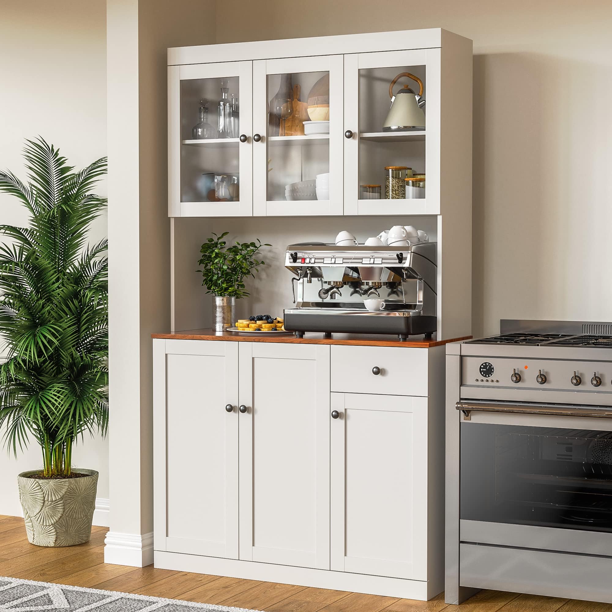 Cozy Castle Tall Kitchen Pantry Cabinet with Microwave Shelf, Modern Large Freestanding Sideboard Cupboard Kitchen Hutch Cabinet with Storage Countertop and Drawer for Dining Room, Living Room, White