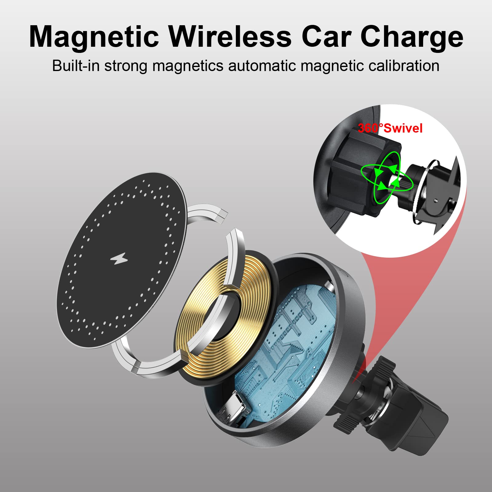 COSDIG Magnetic Wireless Car Charger Mount,15W QC 3.0 Fast Charging Compatible with Magsafe Mount,Stick on Dashboard Air Vent Phone Holder for iPhone 14/13/12 Series & MagSafe Case, BLACK-B, (MC01-B)