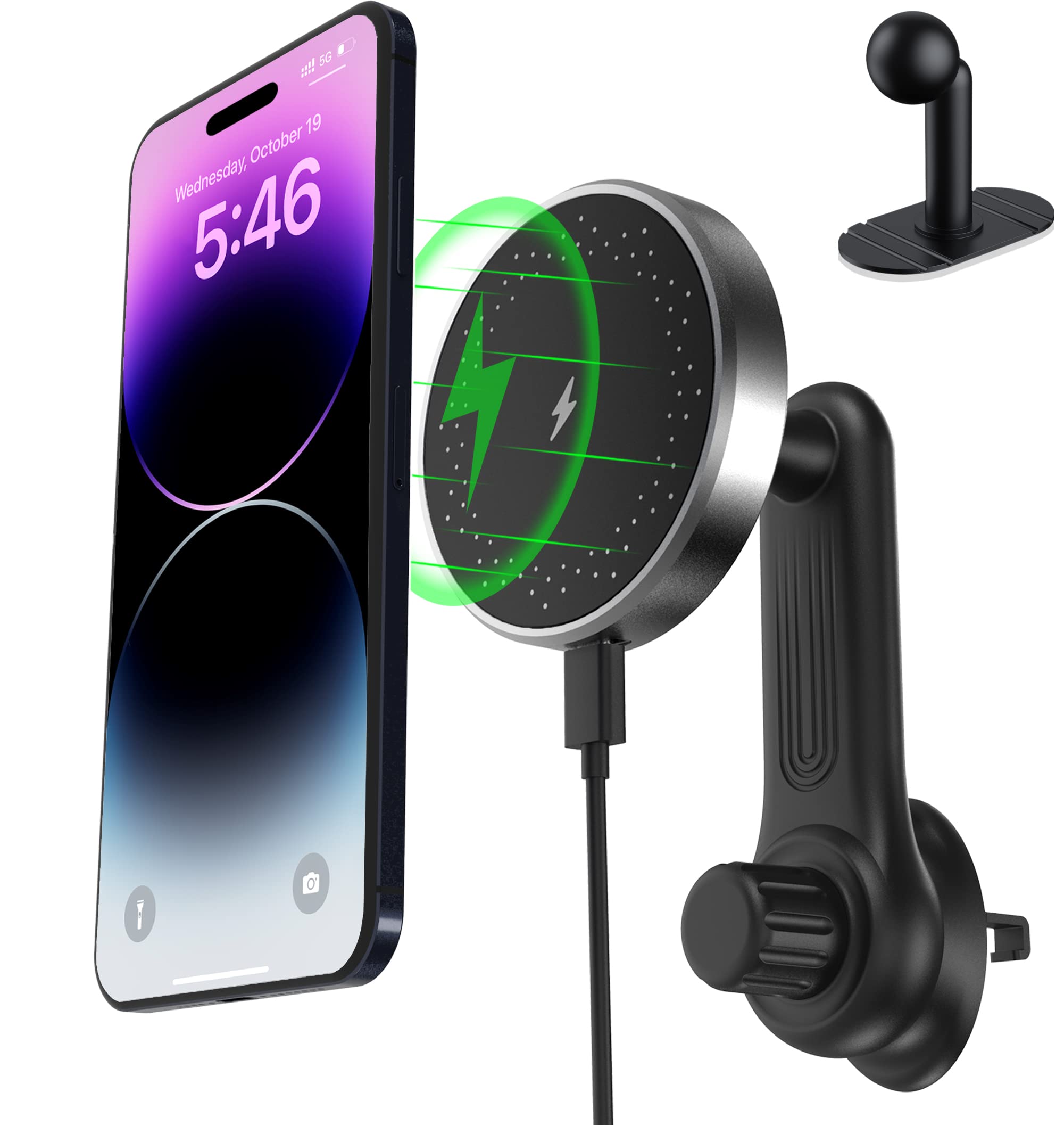 COSDIG Magnetic Wireless Car Charger Mount,15W QC 3.0 Fast Charging Compatible with Magsafe Mount,Stick on Dashboard Air Vent Phone Holder for iPhone 14/13/12 Series & MagSafe Case, BLACK-B, (MC01-B)