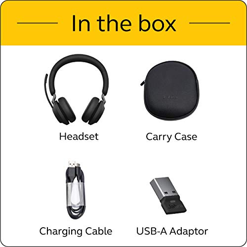 Jabra Evolve2 65 MS Wireless Headphones with Link380a, Stereo, Black β Wireless Bluetooth Headset for Calls and Music, 37 Hours of Battery Life, Passive Noise Cancelling Headphones (Renewed)