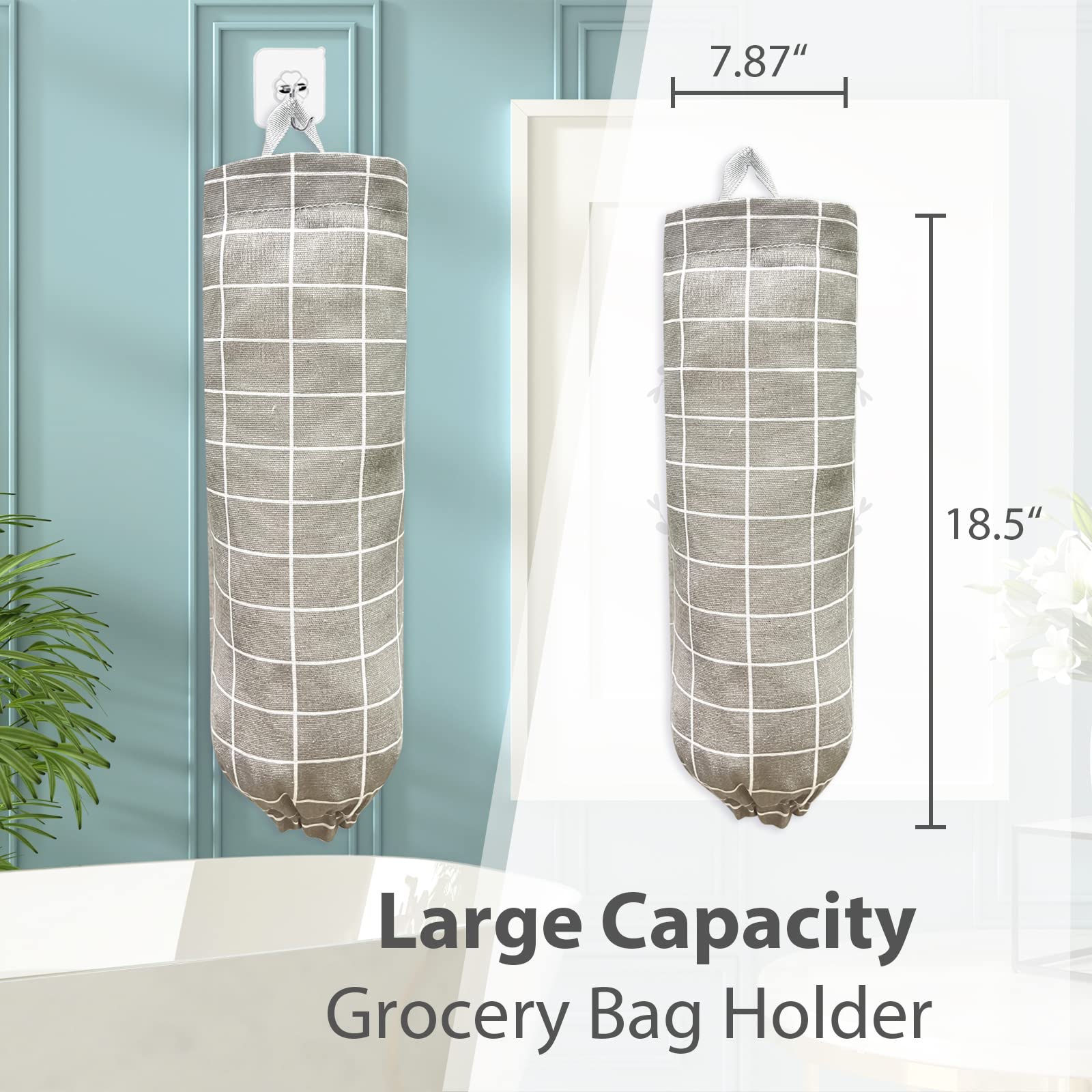 SYIPO Plastic Bag Holder, Reusable Grocery Bag Organizer, Wall Mount, Plaid Grey, 1 Pack, 15.7in x 9.8in
