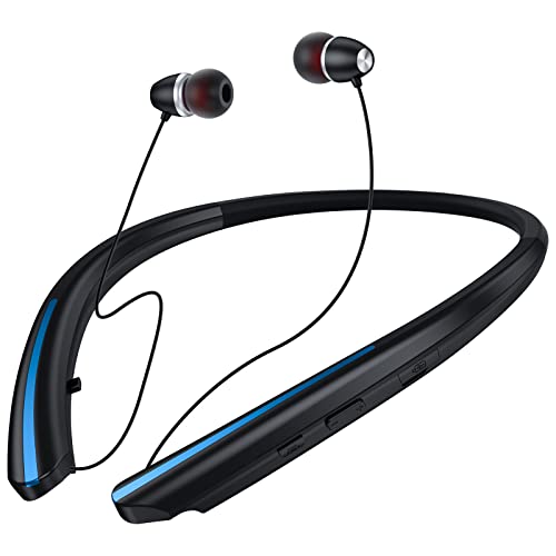 Neckband Bluetooth Headphones, IPX5 Sweatproof Retractable Earbuds Wireless Bluetooth Headset with Microphone, Vibration Call, Stereo Noise Cancelling Earphones for Workout Sports Running (Blue)